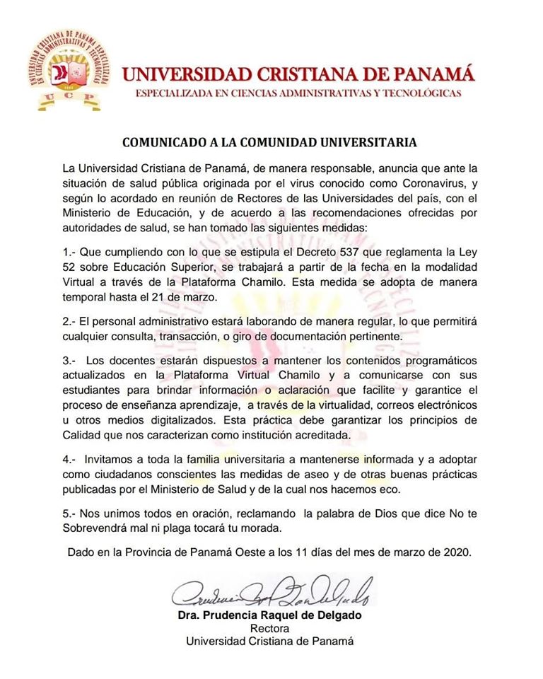 Comunicado N°1 Universidad Cristiana De Panamá